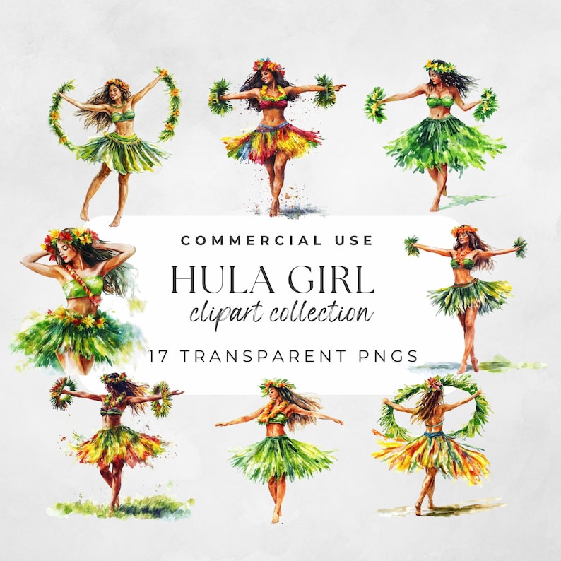 Hula Girl Clipart Hawaiian Tropical Aloha Watercolor Luau Girl Dancer ...