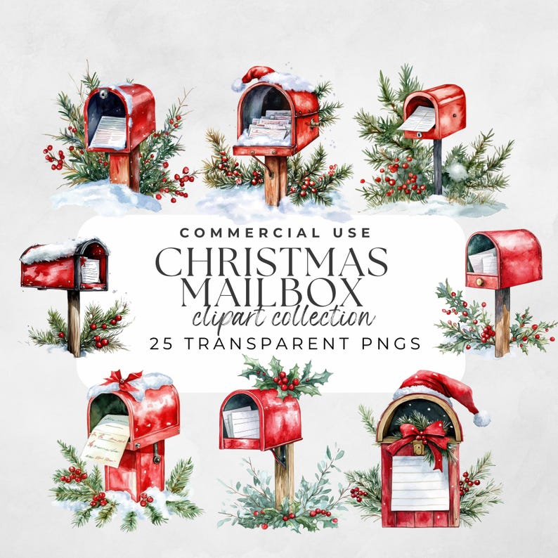 Christmas Mailbox Clipart Watercolor Clip Art Christmas Holiday Clipart ...