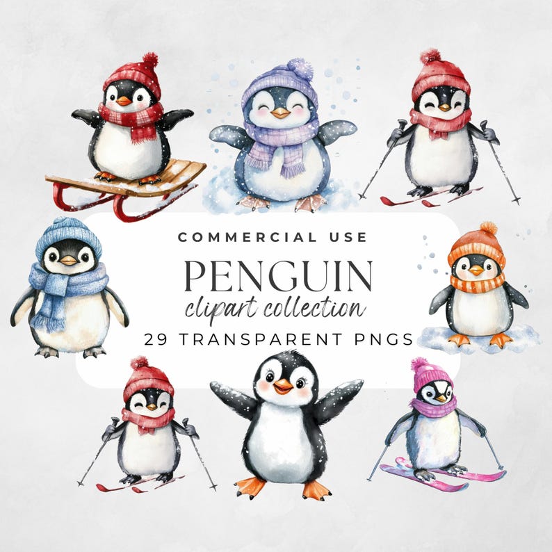 Cute Penguin Clipart, Penguin Png, Winter Clipart, Watercolor Penguin ...