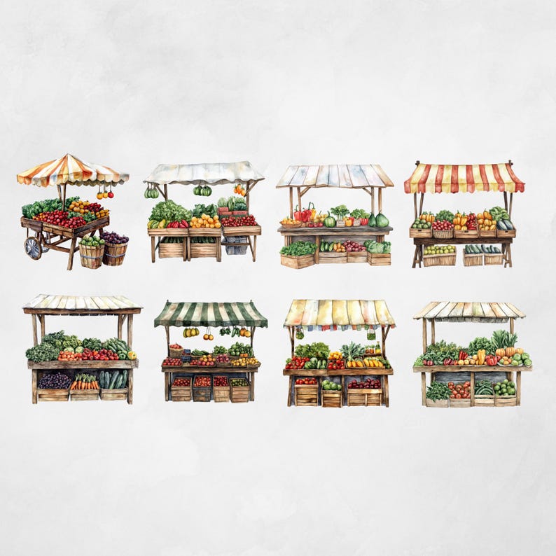 Farmers Market Stand Clipart, Watercolor Clipart, Vegetable Produce ...