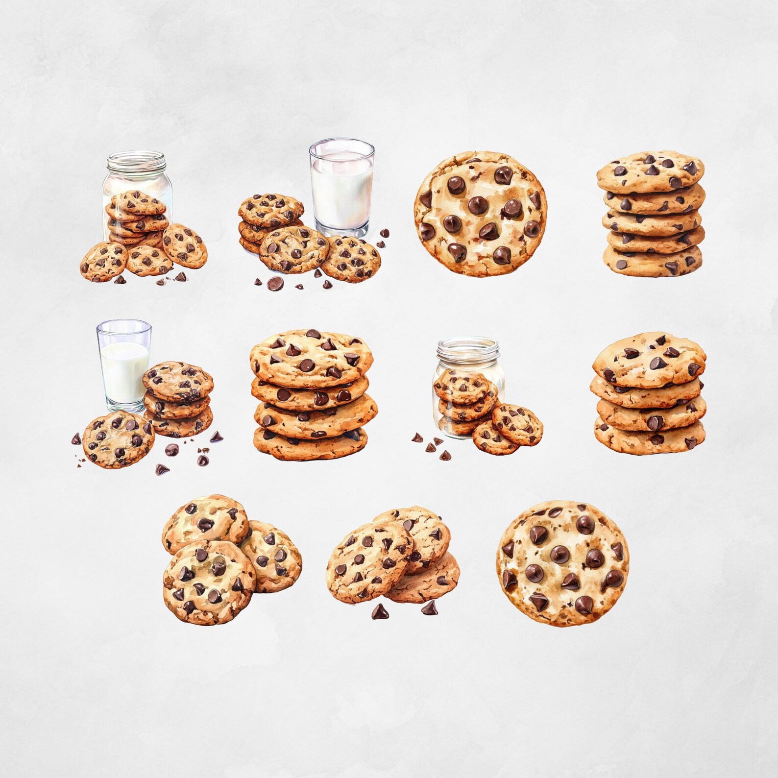 Chocolate Chip Cookies Clipart, Baking Clipart, Cookie PNG, Watercolor ...