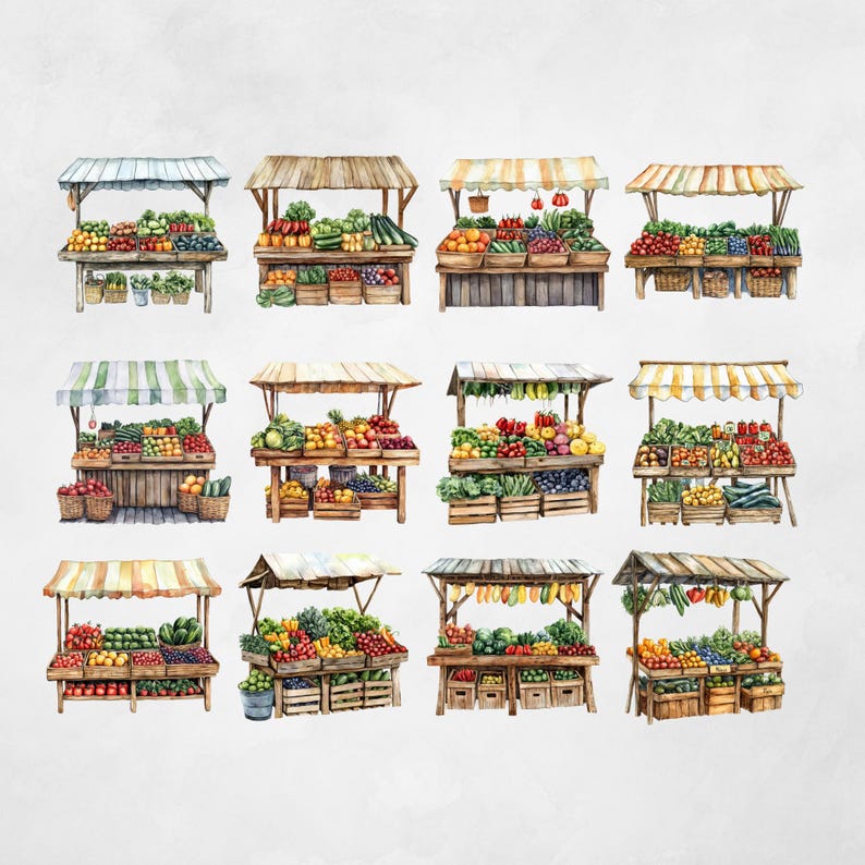 Farmers Market Stand Clipart, Watercolor Clipart, Vegetable Produce ...