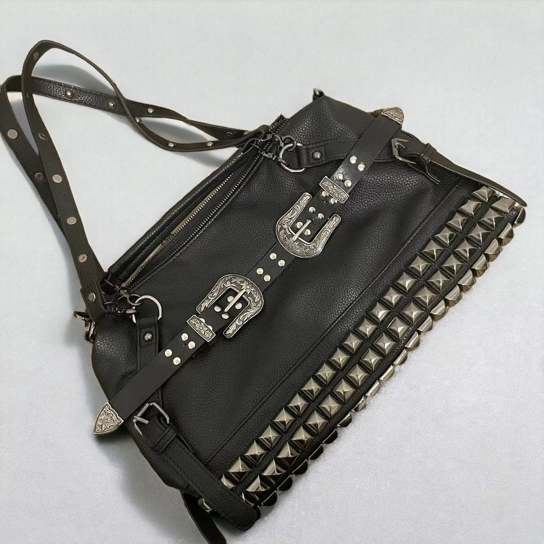 Goth Shoulder Bag With Pyramid Studs and Buckle Belt Goth Leather ...