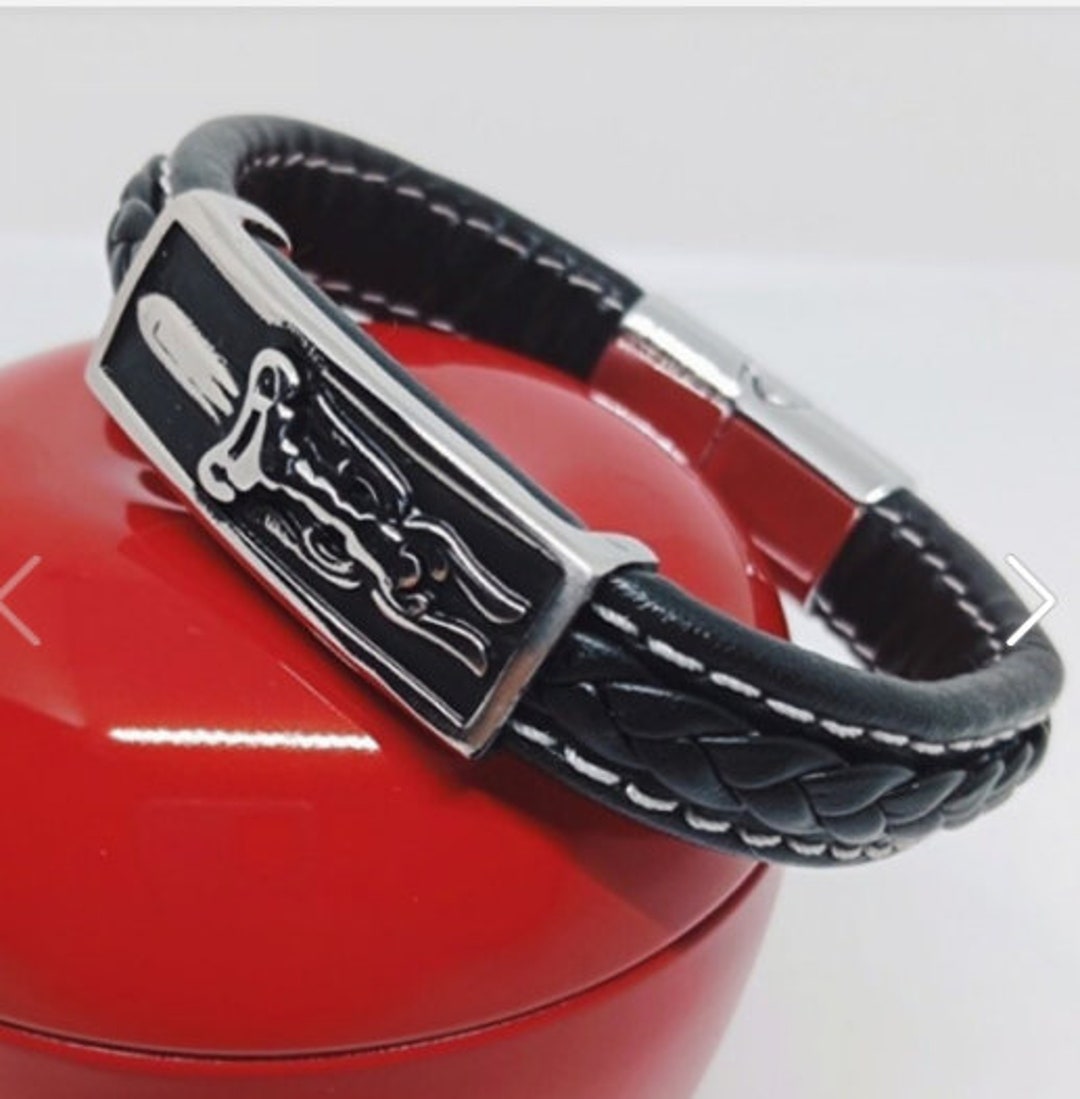 100% Leather Black Hair Braid ''dagger'' Figured Bracelet With Chrome ...