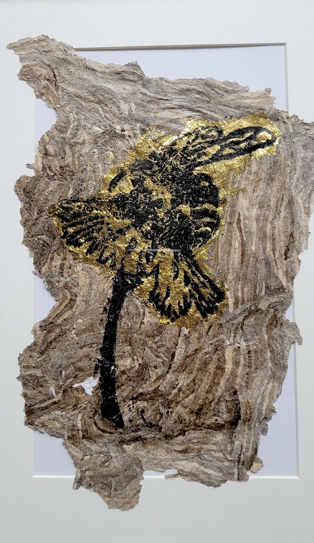 Wasps Nest Wall Art. Lino Print of a Wasp on a Flower on Gold Leaf and ...