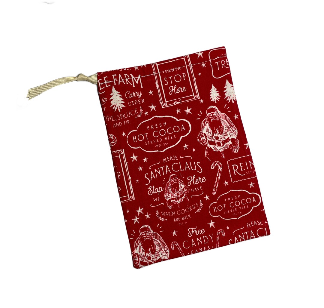 Red Fabric Christmas Gift Bag, Santa & Cocoa Print, Reusable Drawstring ...