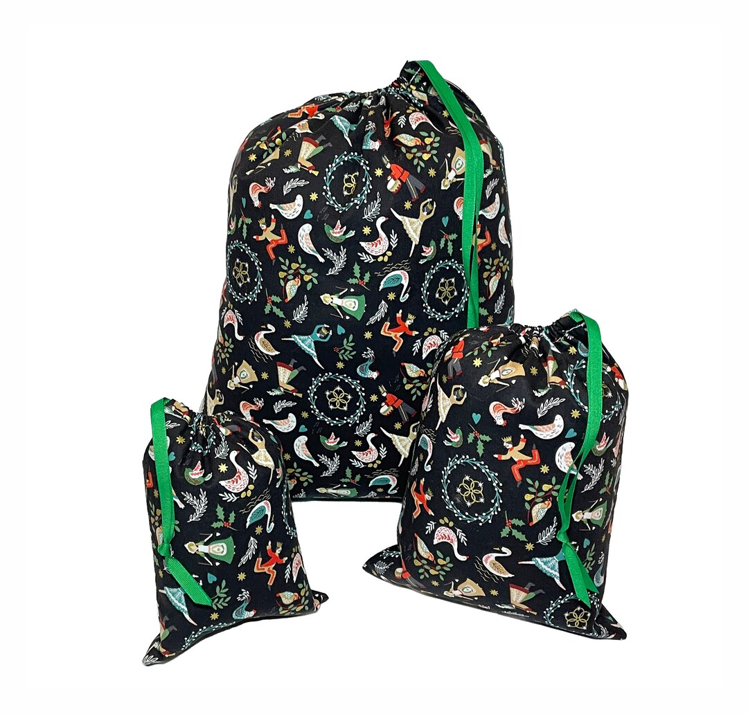 12 Days of Christmas Fabric Gift Bag: Reusable Cotton Drawstring Santa ...
