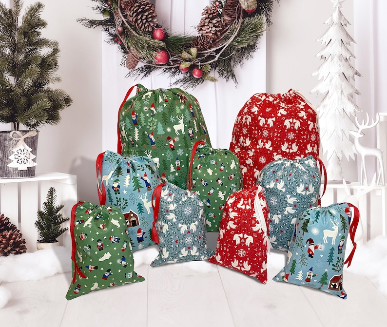 Reusable Christmas Drawstring FABRIC GIFT BAG Gift Wrap Eco Friendly ...