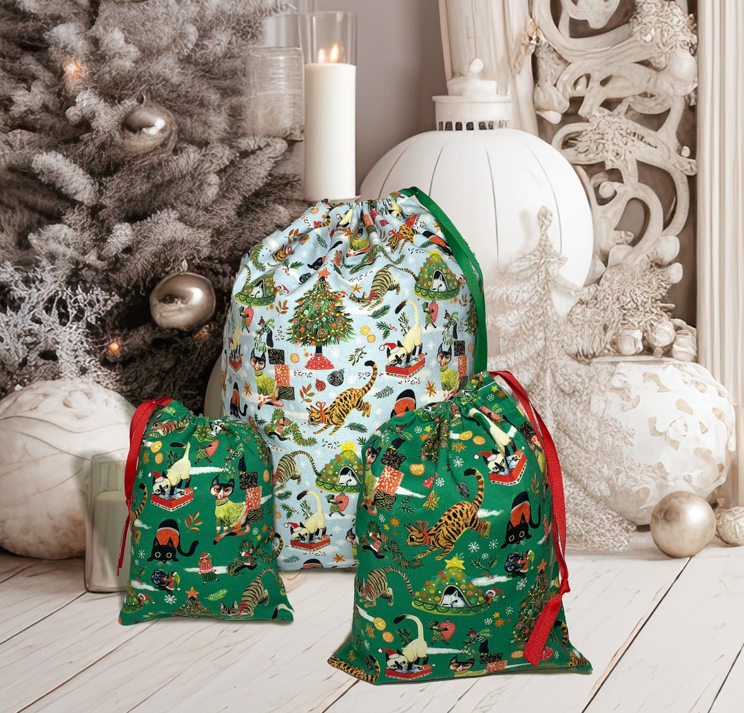 Christmas Cats Fabric Gift Bag: Reusable Cotton Drawstring Bag - Etsy