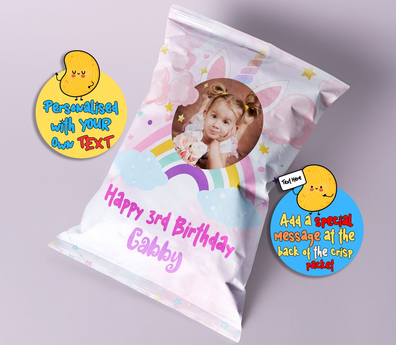 Custom Crisp Bag Unicorn Photo Chip Bag Happy Birthday Personalised ...