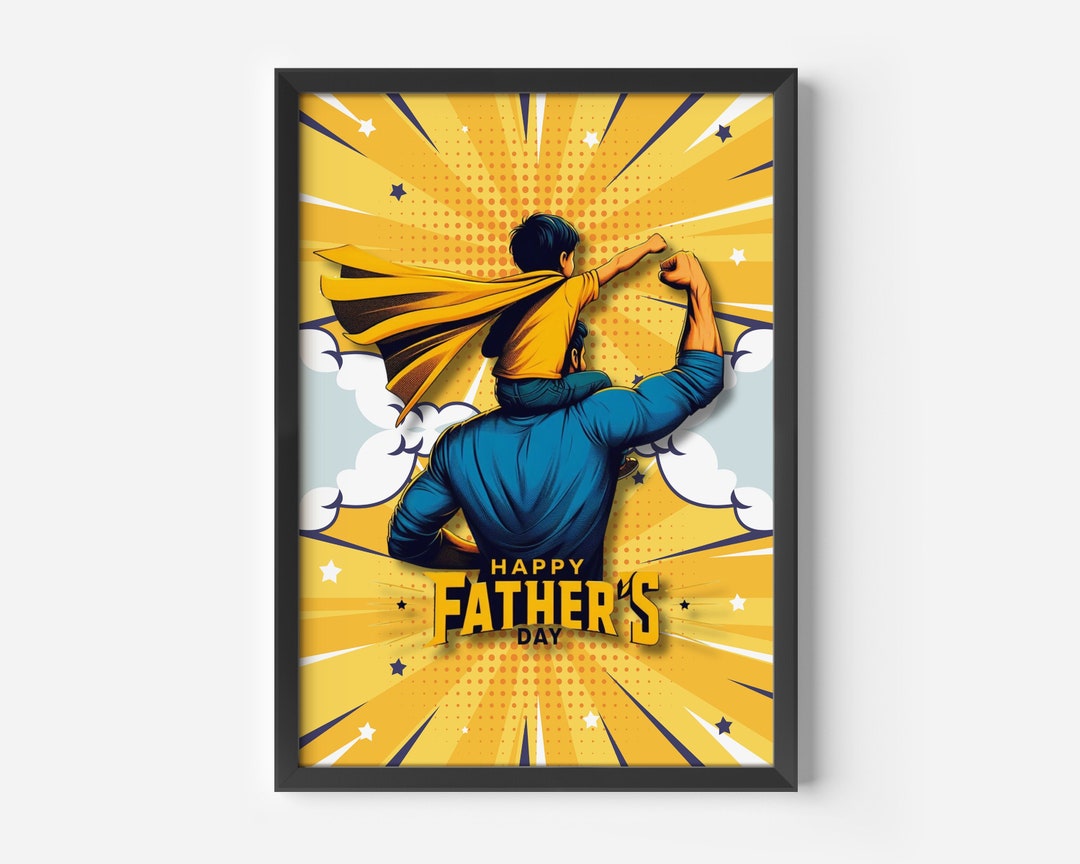 Comic Style Happy Fathers Day Superhero Dad Superdad Father and Son ...