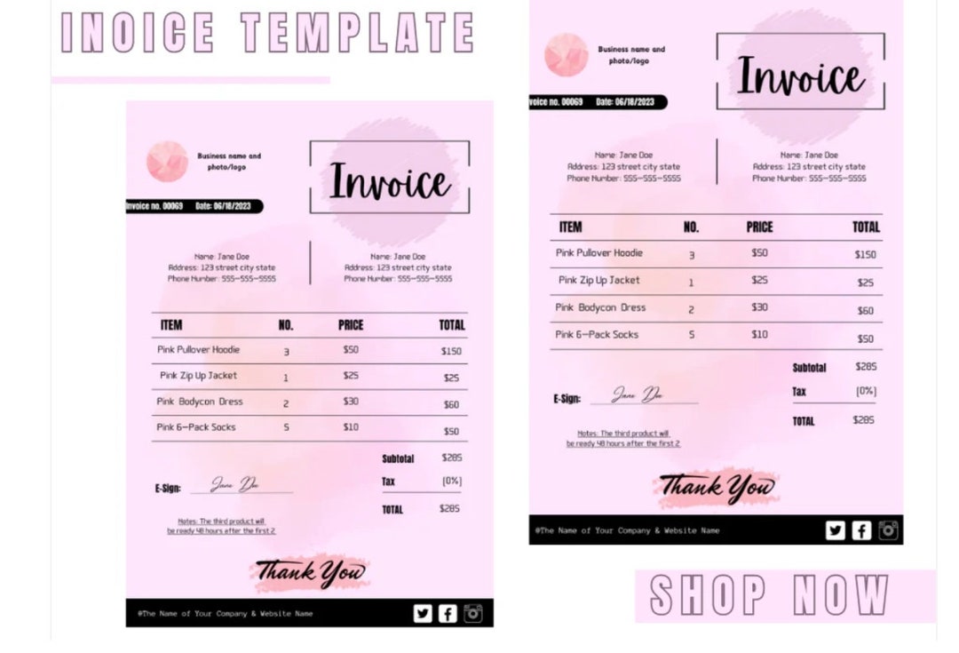 Pink Aesthetic Digital Invoice Template - Etsy
