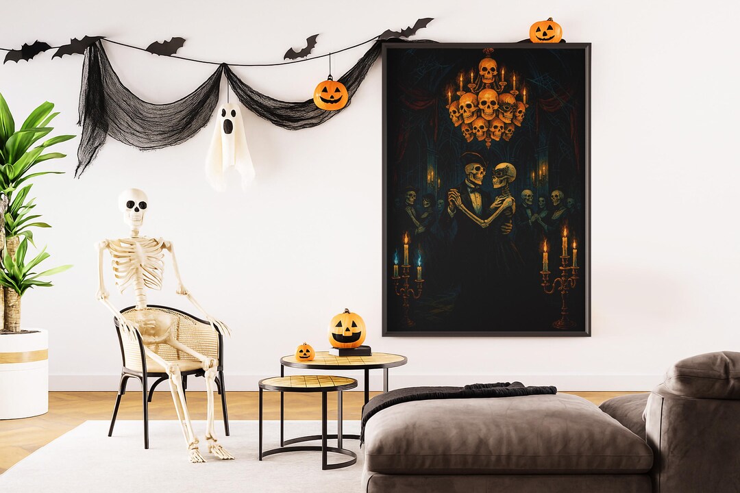 Gothic Skeleton Couple Dancing in Candlelit Ballroom Halloween Art ...