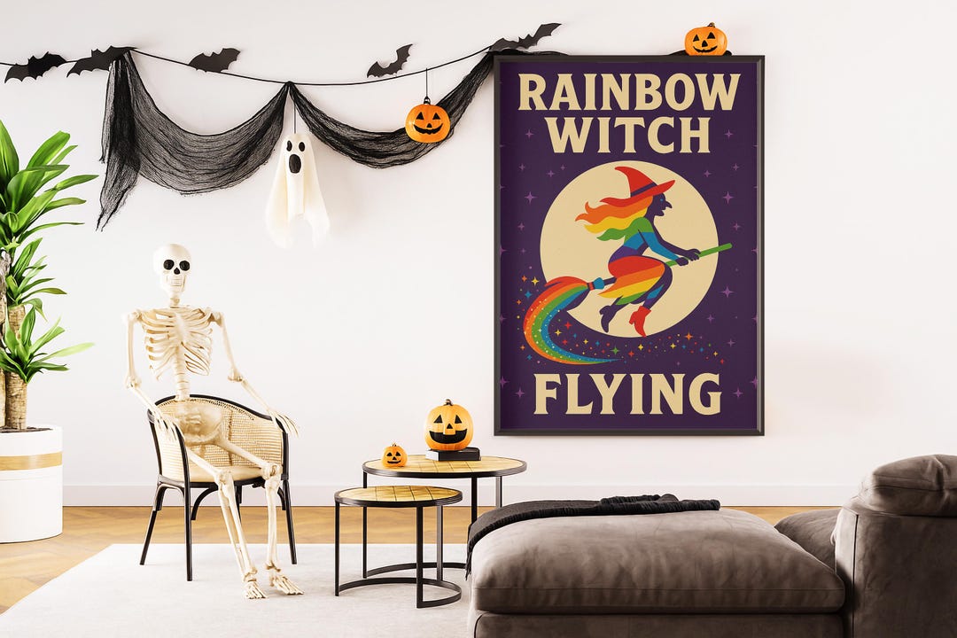 Rainbow Witch LGBT Halloween Digital Art Print, Colorful Flying Witch ...