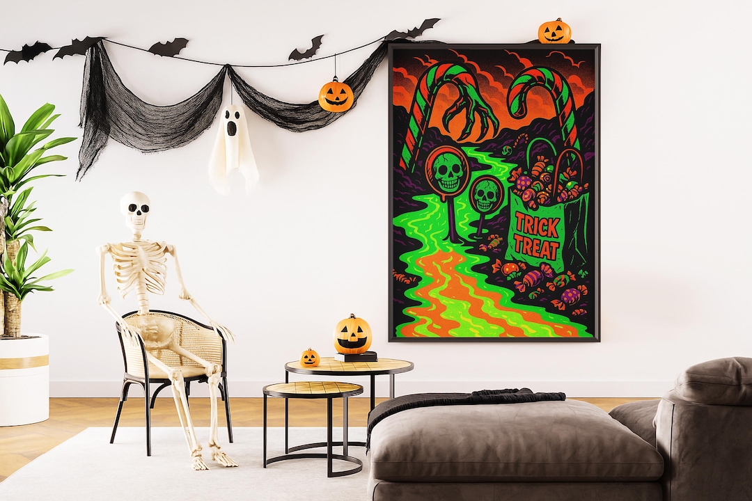 Psychedelic Halloween Candy River Poster With Trick or Treat Bag Skull ...