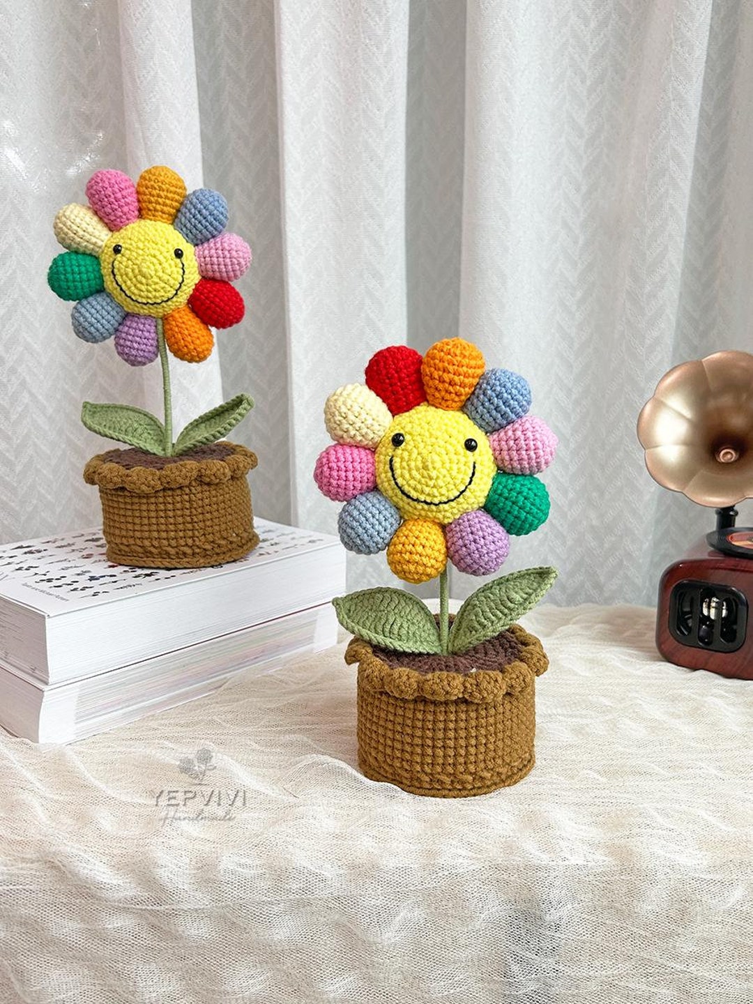 Forever Sunflower in Pot. Finished Crochet Rainbow Sunflower With Smile ...