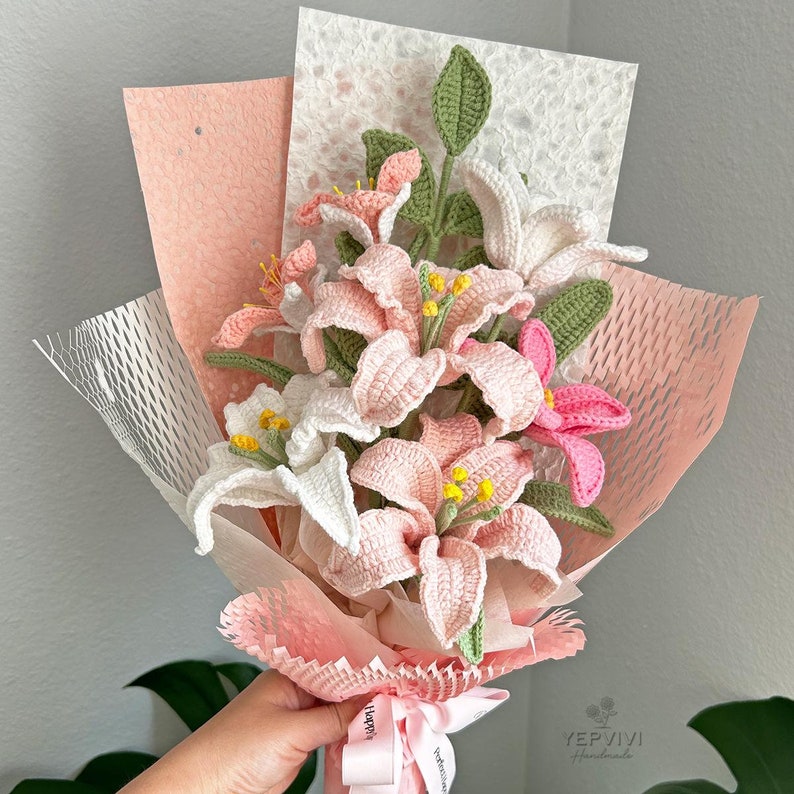 Forever Pink & White Lily Bouquet. Finished Crochet Lily and Mixed ...
