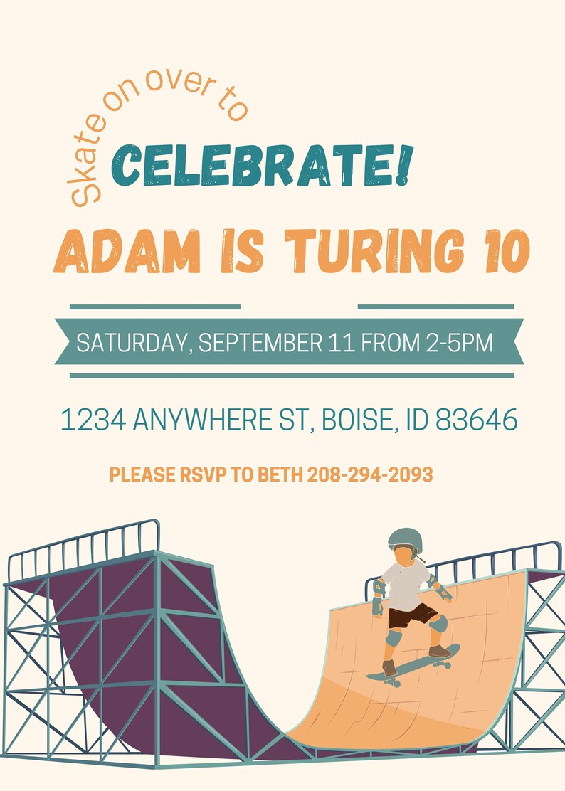Skateboard Birthday Party Invitation, Boys Skateboarding Party, Skate ...