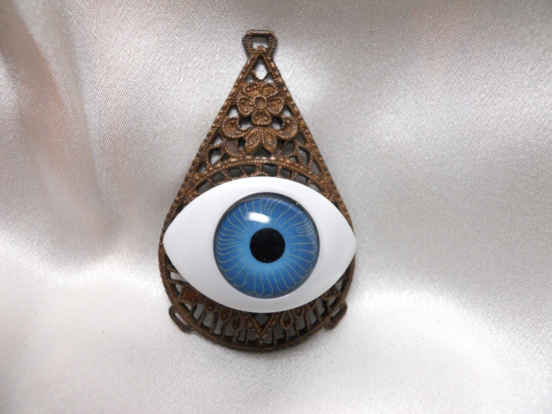 Vintage Blue Eye Brass Filigree Pendant - Etsy