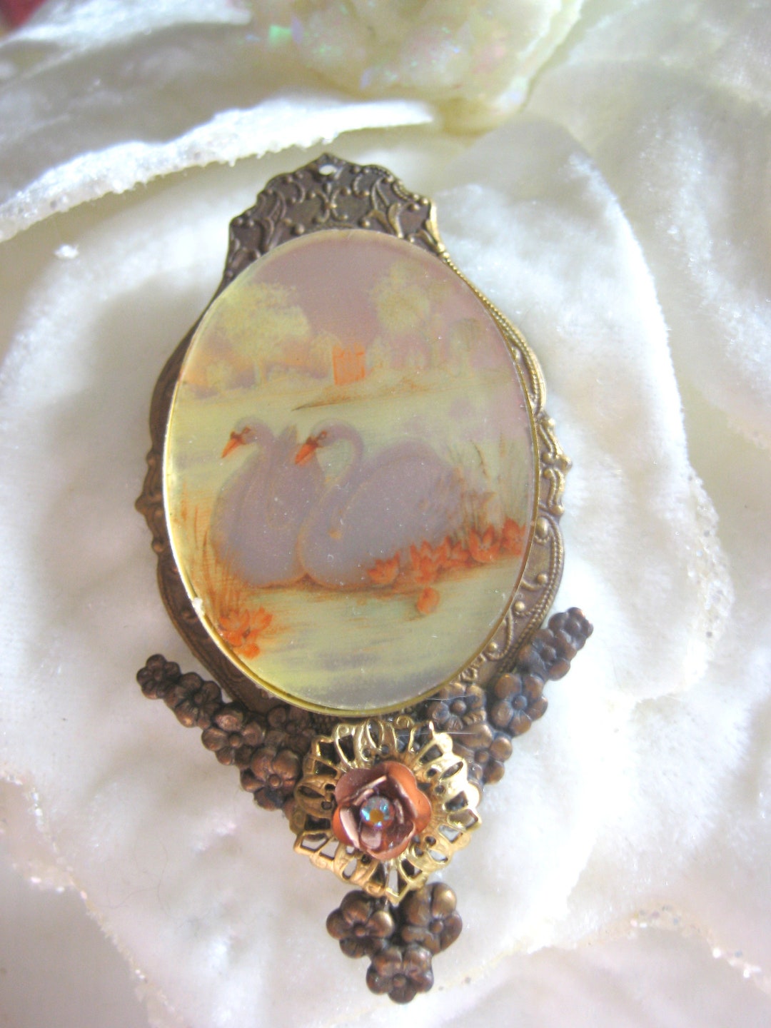 Vintage German Swan Picture Pendant - Etsy