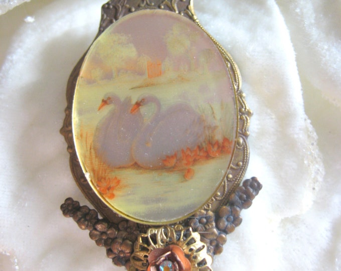Vintage German Swan Picture Pendant - Etsy