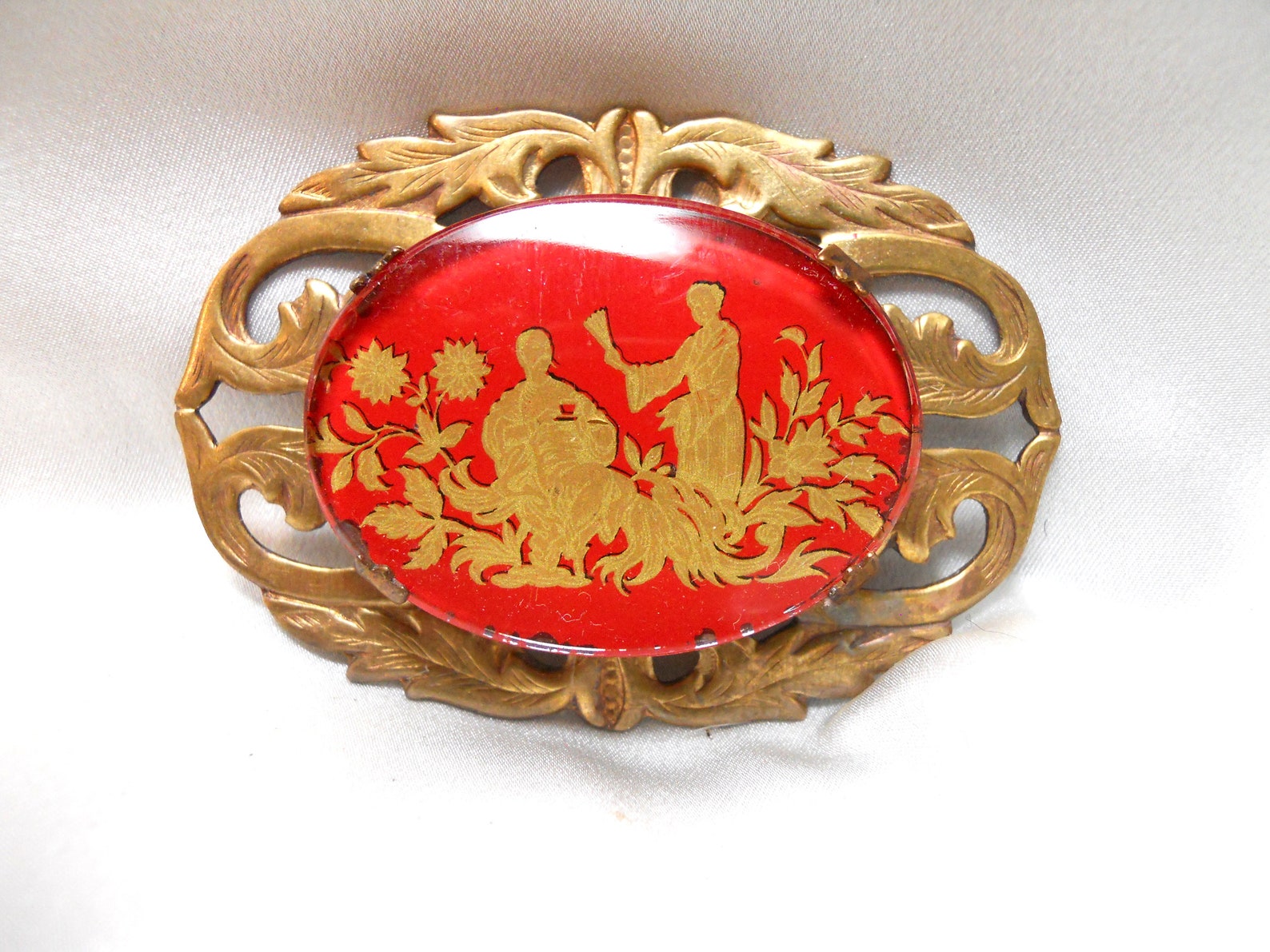 Vintage Red Chinoiserie Intaglio Brass Mounted Centerpiece | Etsy