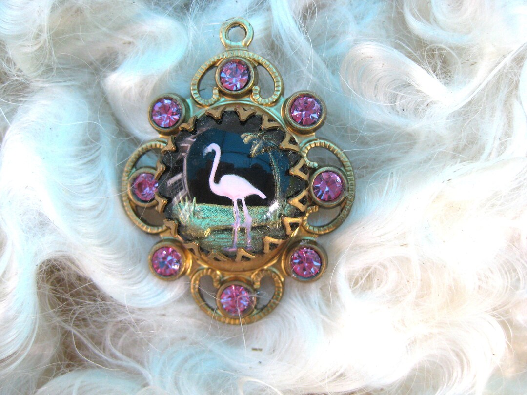 Vintage Flamingo Intaglio Pendant Swarovski Crystals - Etsy