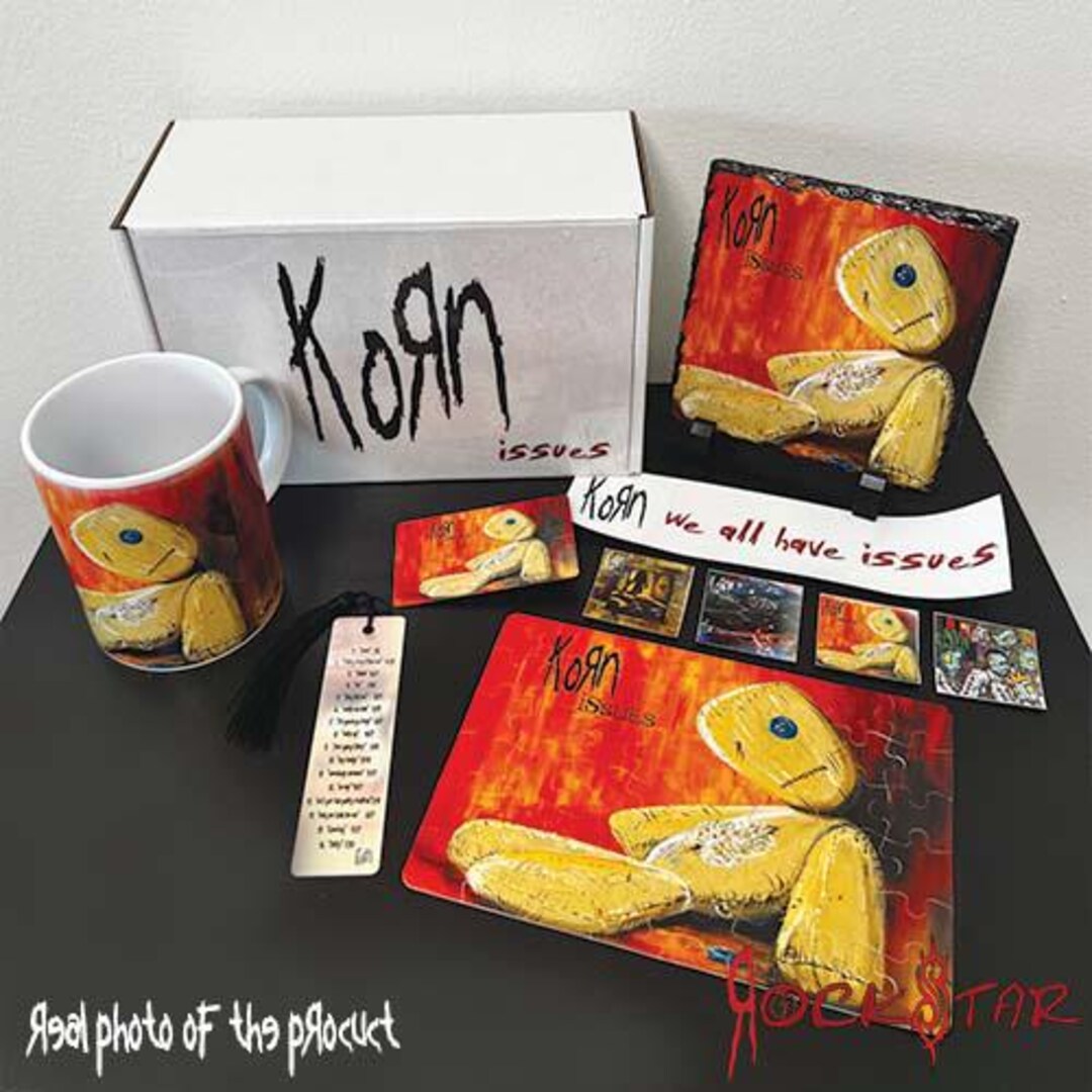 KORN ISSUES BOX - 5 Stickers, 1 Photor, 1 Aluminum Card, 1 Puzzle, 1 ...