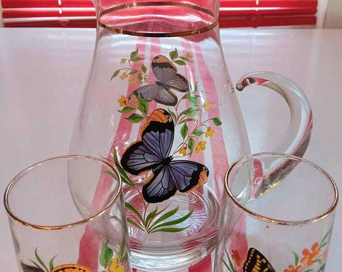 Vintage Butterfly Pitcher With Glasses ' Vintage Butterfly Glasses - Etsy