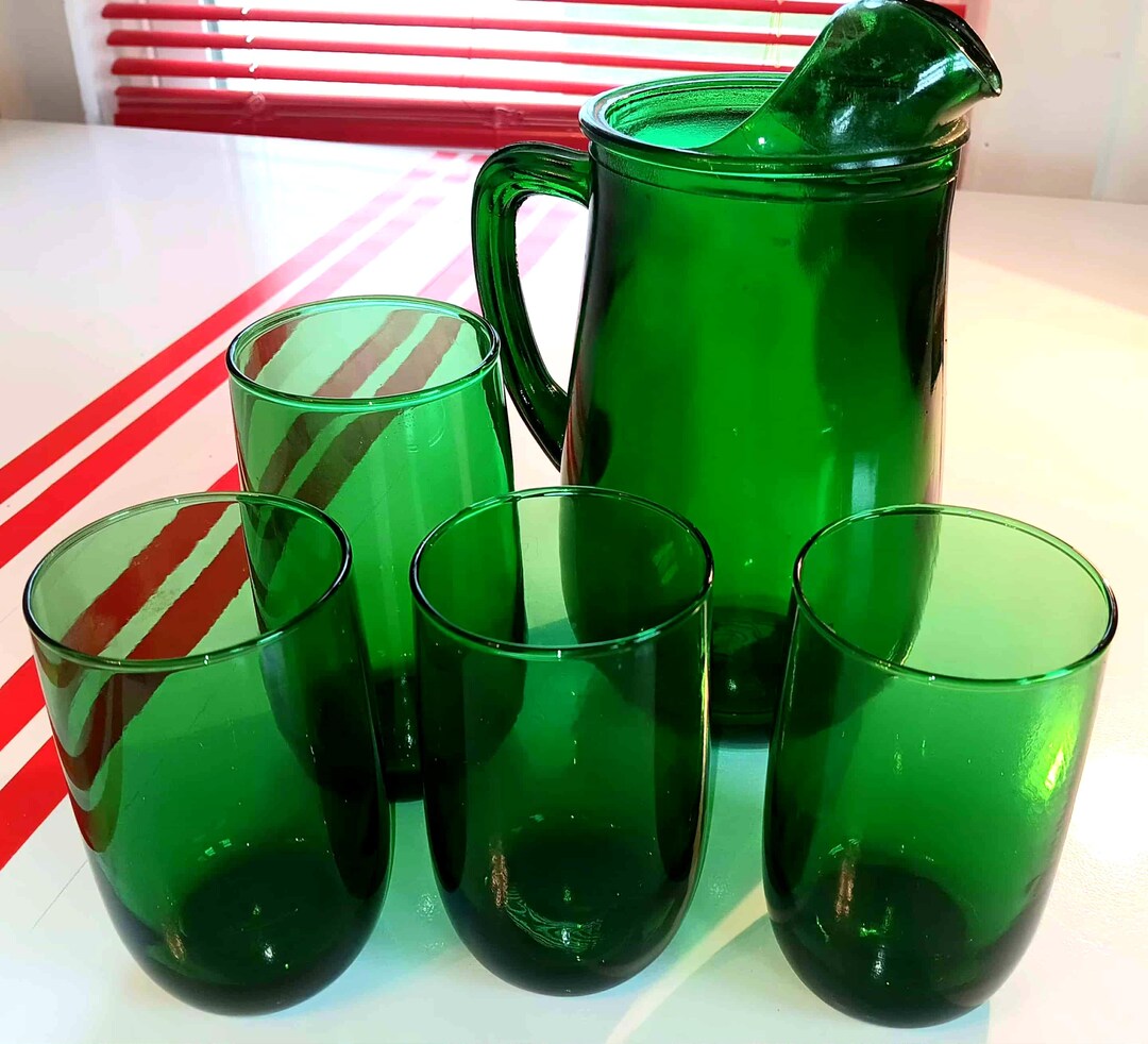 Anchor Hocking Forest Green Pitcher With Forest Green Glasses by Anchor ...