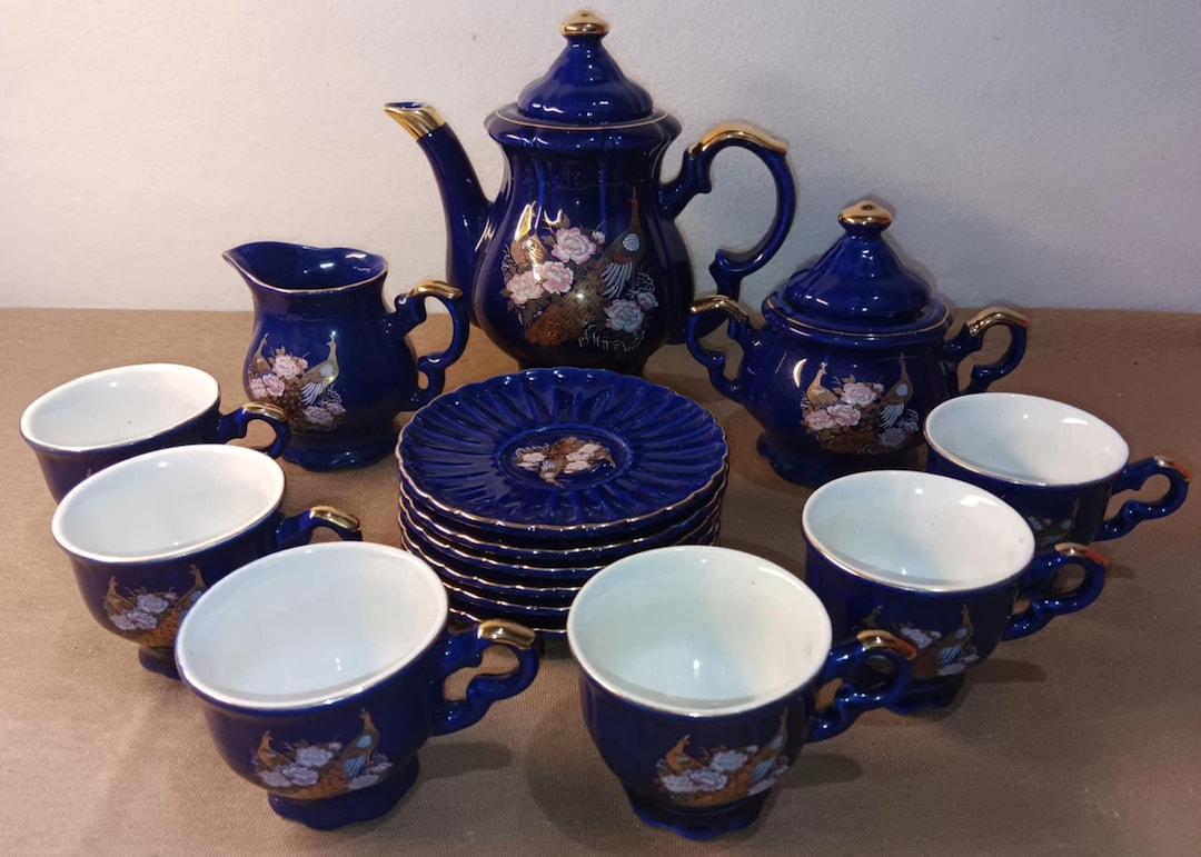 Cobalt Blue Tea Set With Peacock on Teapot With Peacock on Tea Set ...