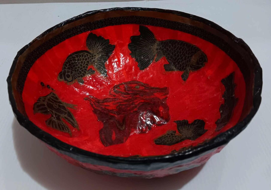 Vintage Paper Mache Bowl With Goldfish Bowl Paper Mache Bowl With Fish ...