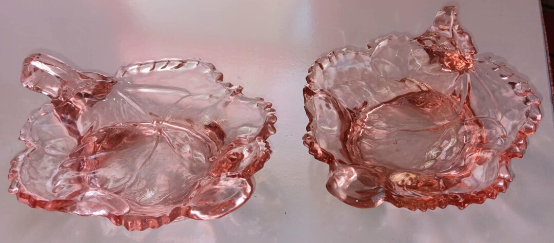 Vintage Pink Glass Dishes With Leaves Dish Set of Leaf Dishes in ...