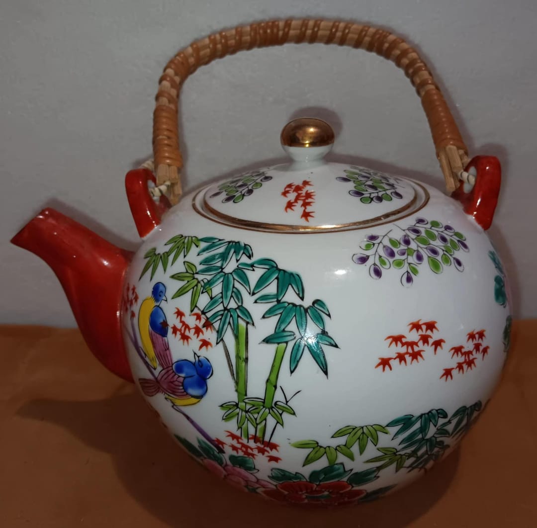 Vintage Japanese Teapot With Bamboo Handle Teapot With Birds and ...