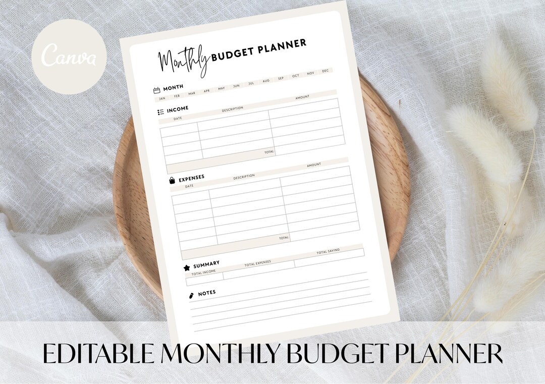 Editable Monthly Budget Planner: Minimal A4 Canva Template (instant ...