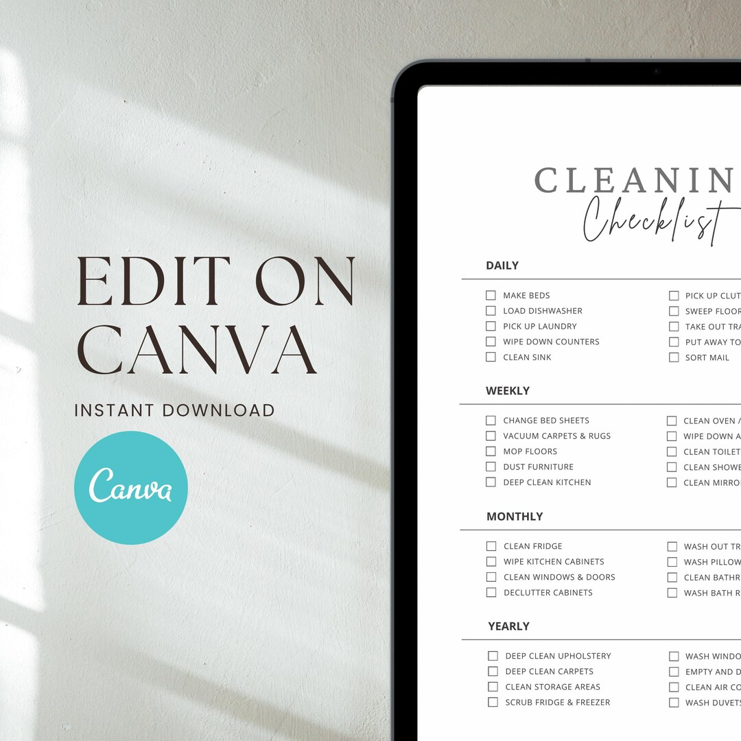 Editable Cleaning Checklist Canva Template | One Page Chore List ...