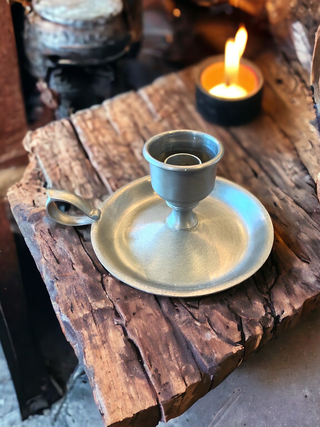 Vintage Pewter Silver Color Chamberstick Candleholder Gift Decor Mantle ...