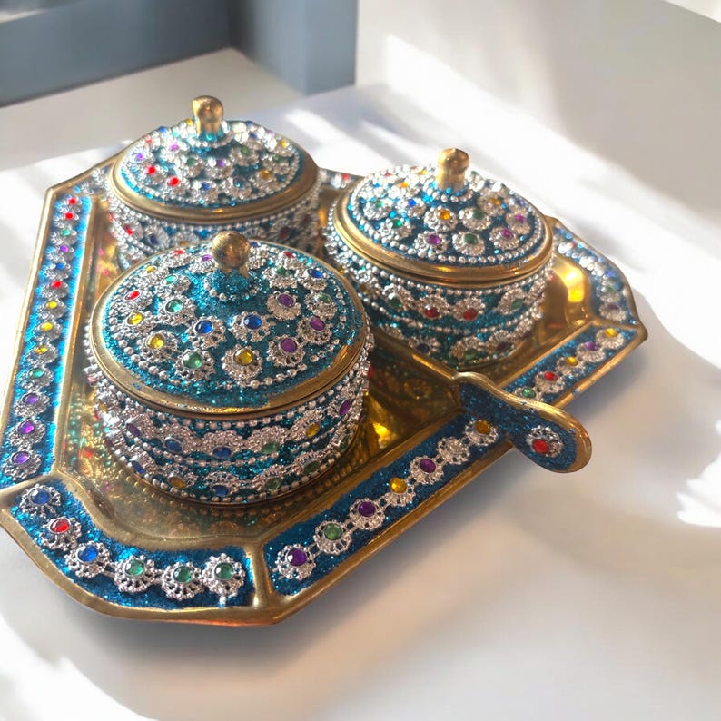 Jeweled Brass Spice Box Set – Indian Decorative Condiment Server With ...
