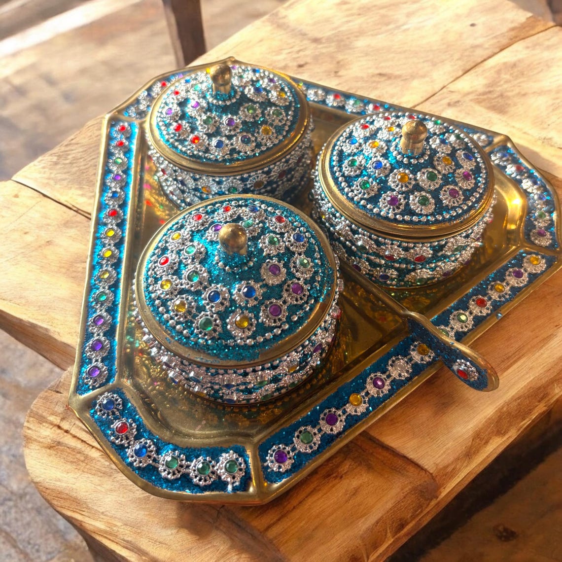 Jeweled Brass Spice Box Set – Indian Decorative Condiment Server With ...