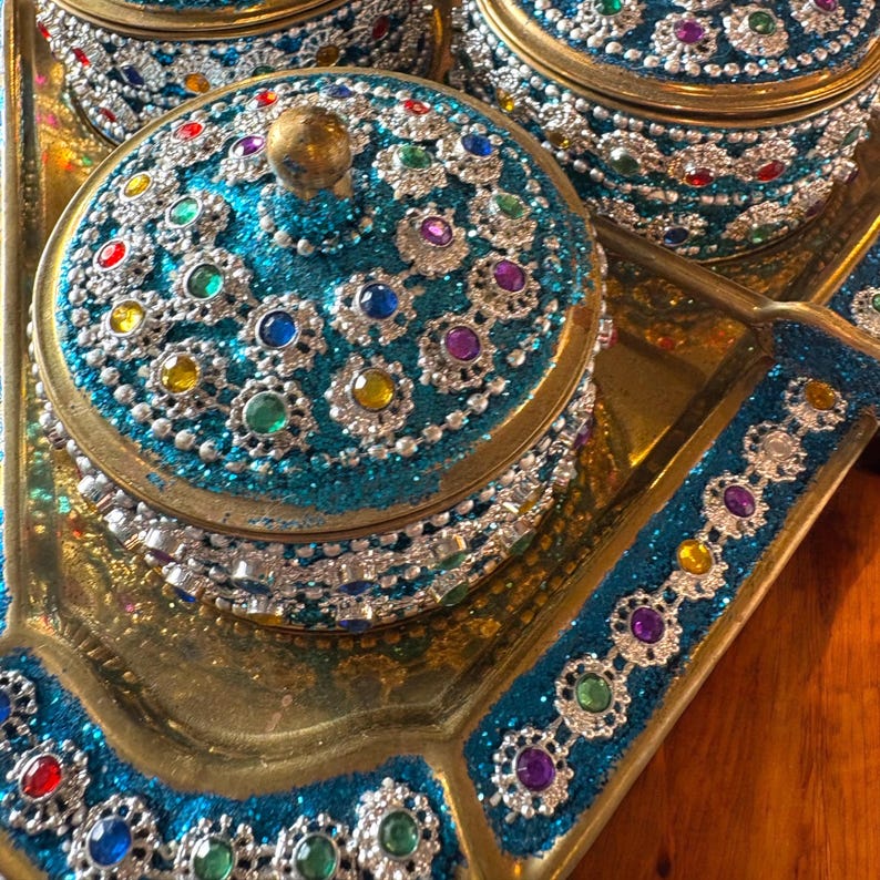 Jeweled Brass Spice Box Set – Indian Decorative Condiment Server With ...