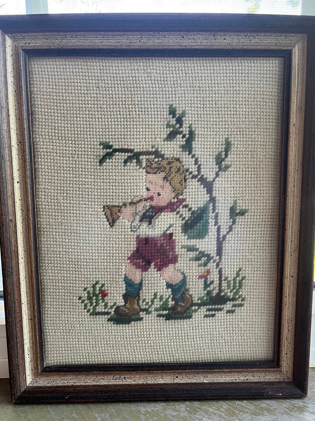Vintage 1970s Needlepoint Art: Framed Boy Trumpet Player - Etsy