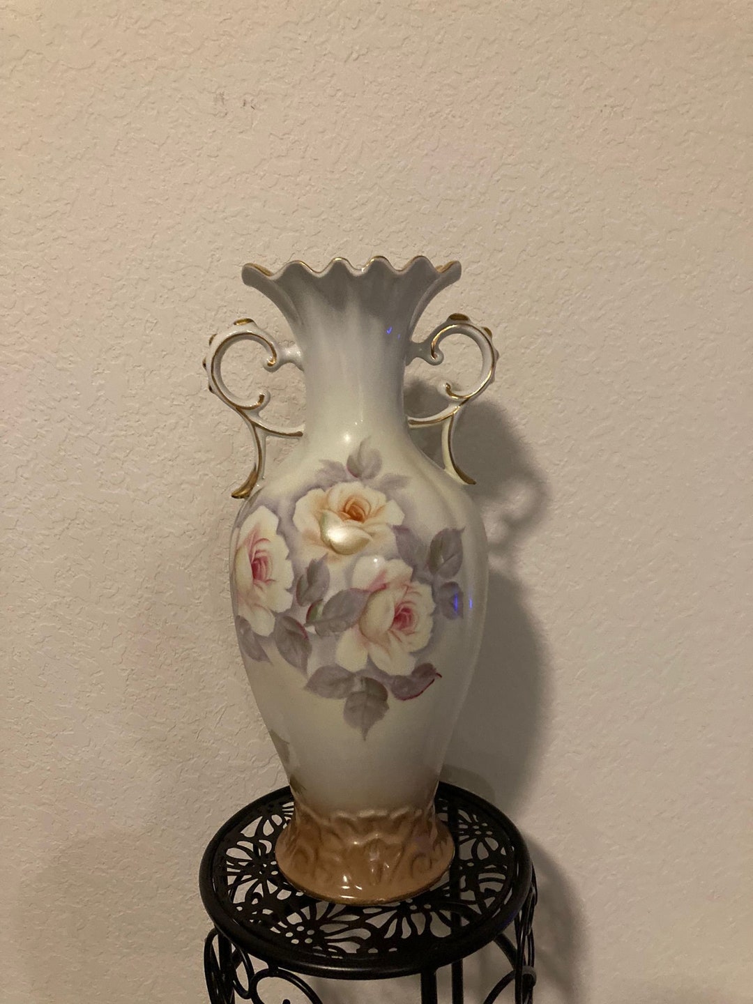 Large Rose Hand-painted Vase With Handles and Fluted Top - Etsy