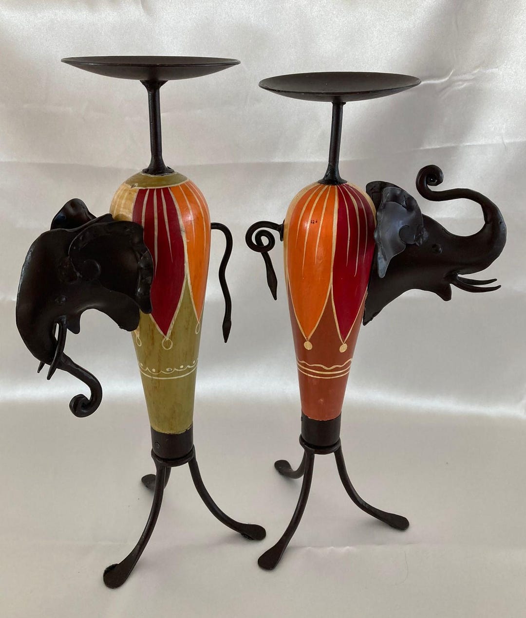 Pier 1 Metal and Wood Elephant Folk Art Candle Holder Set - Etsy