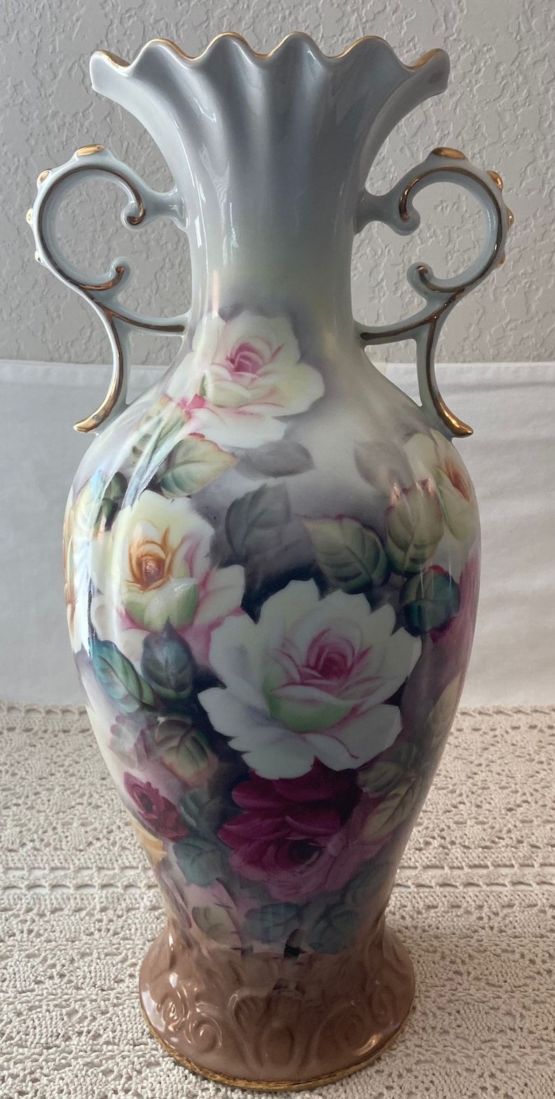 Large Rose Hand-painted Vase With Handles and Fluted Top - Etsy