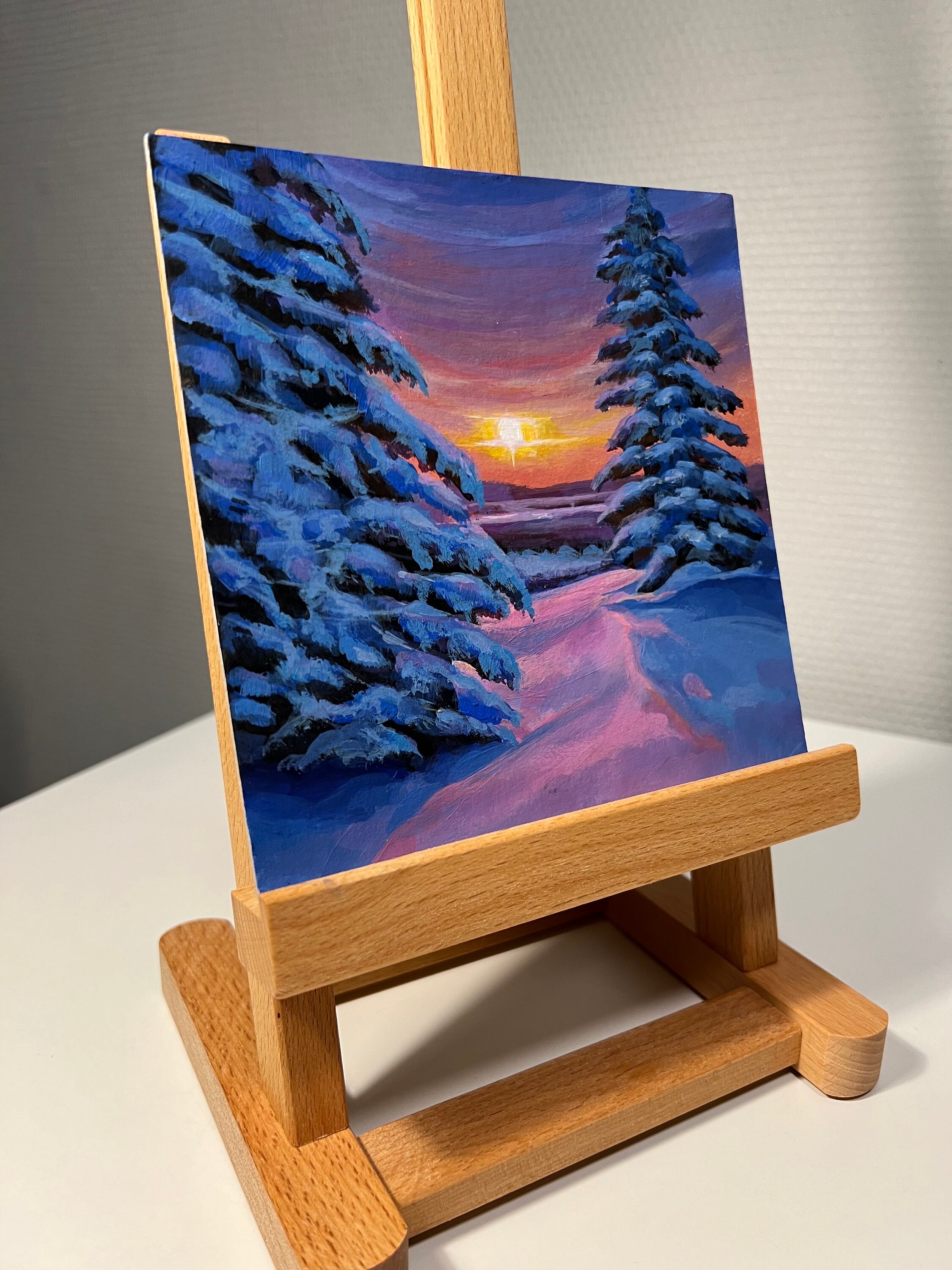 Original Small Acrylic Painting of Winter, Snow and Sunset, Original ...
