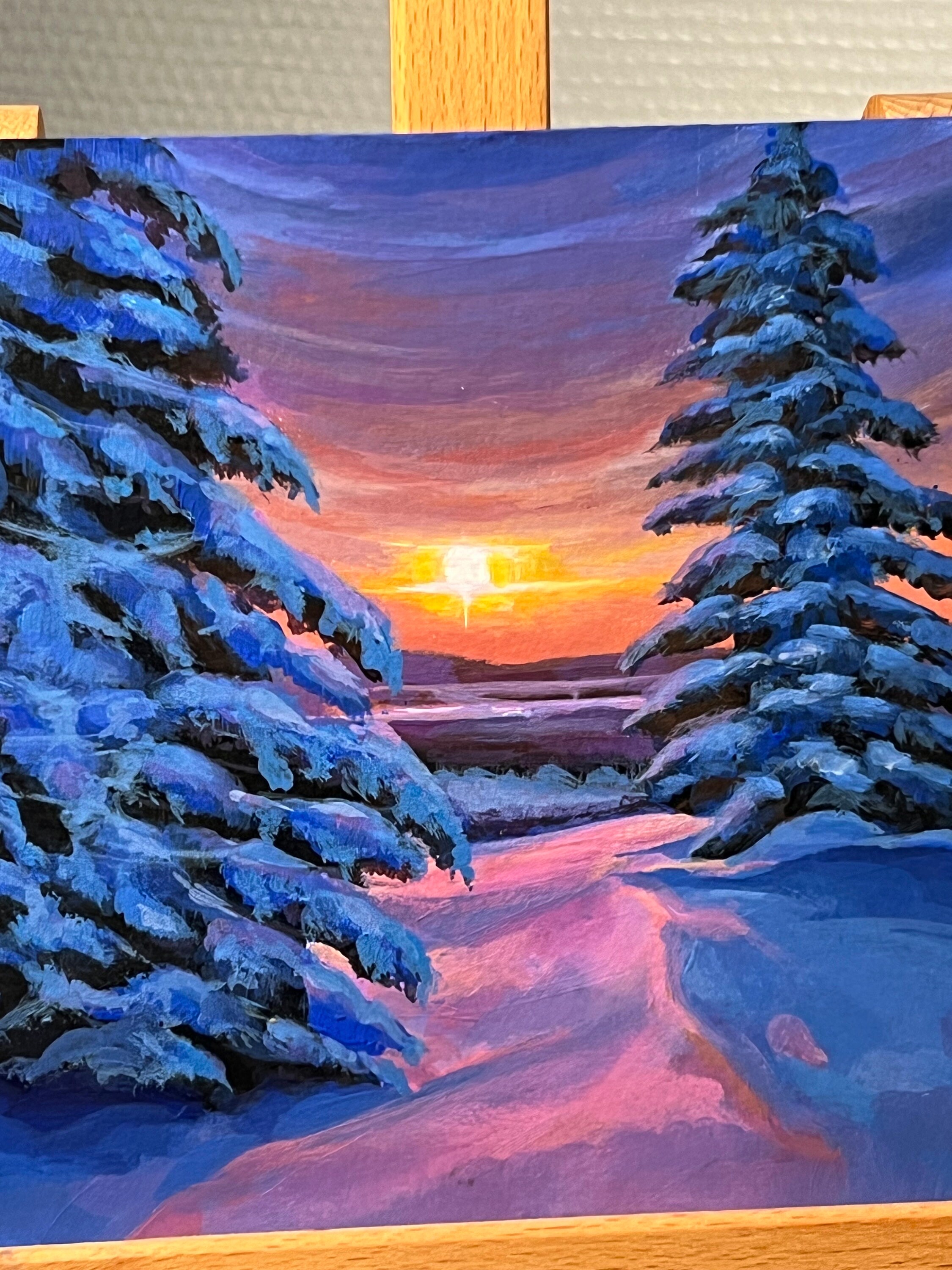 Original Small Acrylic Painting of Winter, Snow and Sunset, Original ...