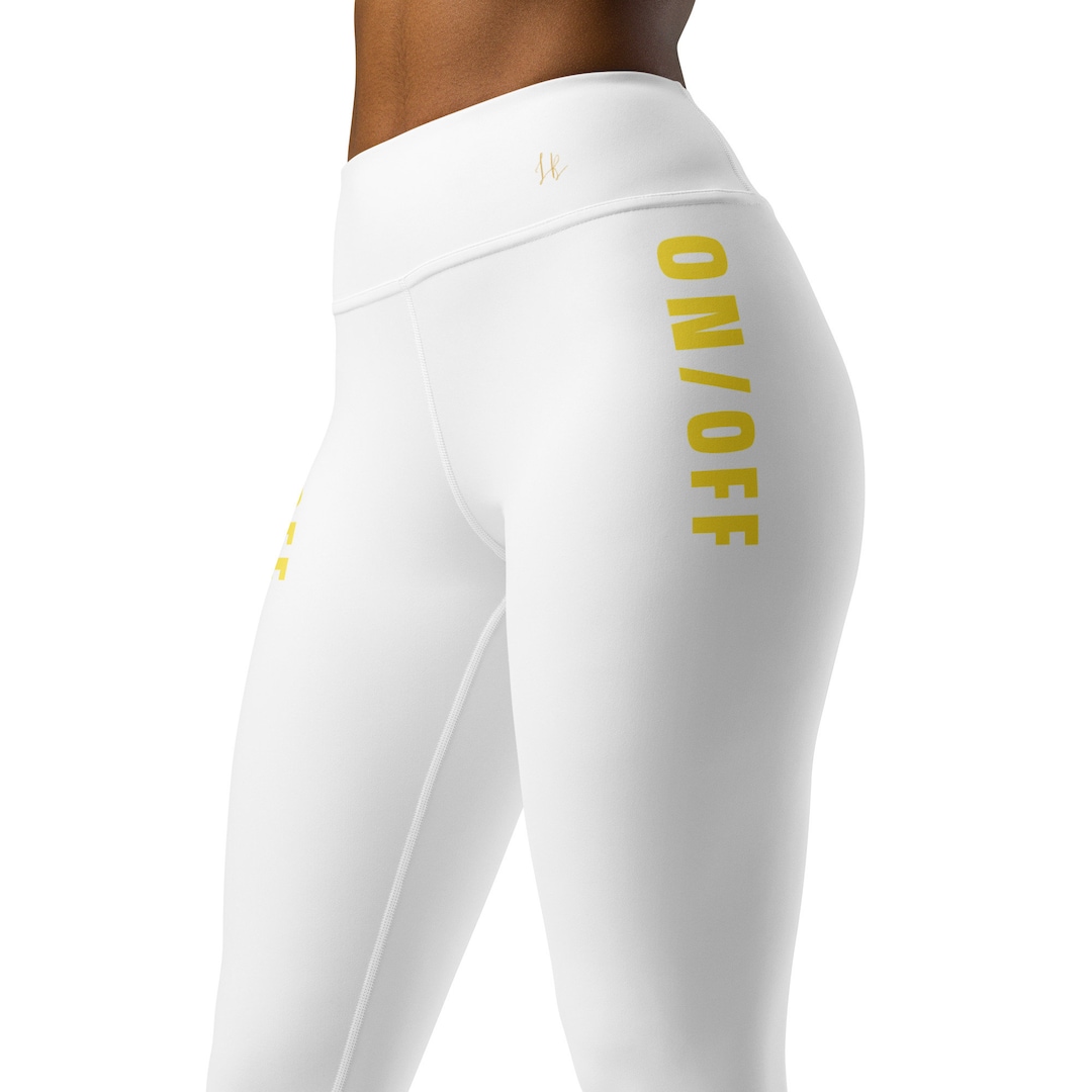Sporty Yellow and White ON/OFF Printed Yoga Leggings, Yellow and White ...