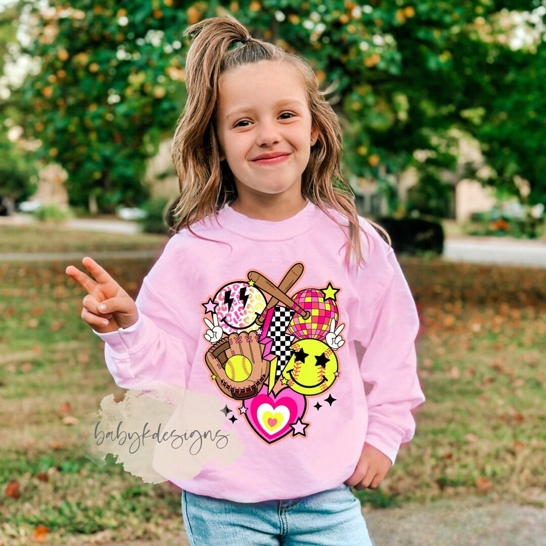 Girls Softball Sweatshirt, Neon Smiley Tshirt, Team Sweater, Game Day T ...