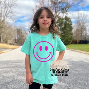 Girls Neon Happy Face Shirt, Comfort Colors® Aesthetic Oversized ...