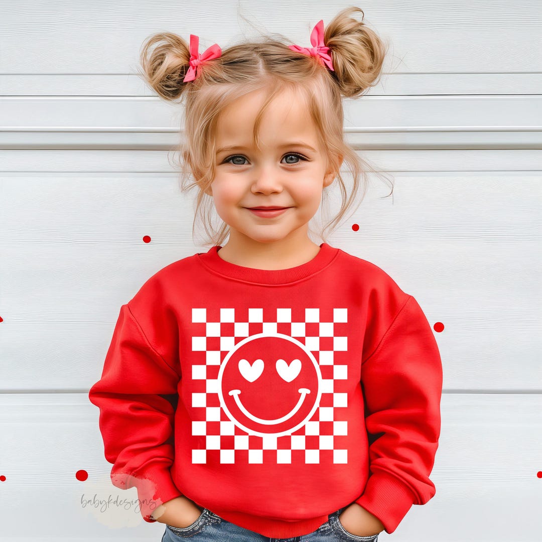 Kids Valentines Checkered Smile Crewneck, Girls Valentine Sweatshirt ...